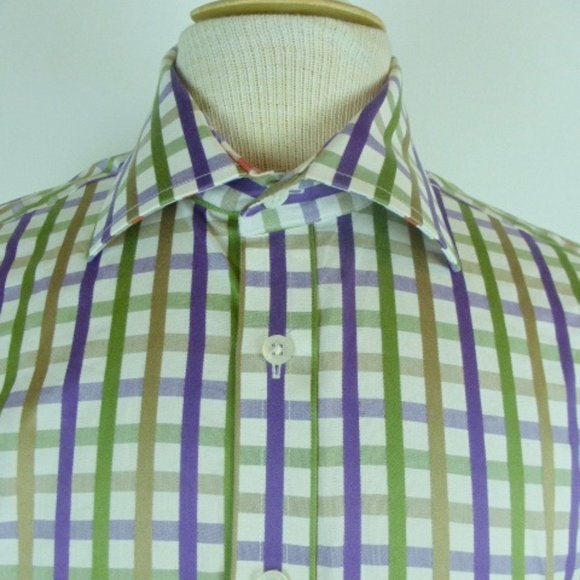 Ted Baker | Shirts | Ted Baker 0 Cotton French Cuff Cream Purple Green Plaid Dress Shirt 16 L ...